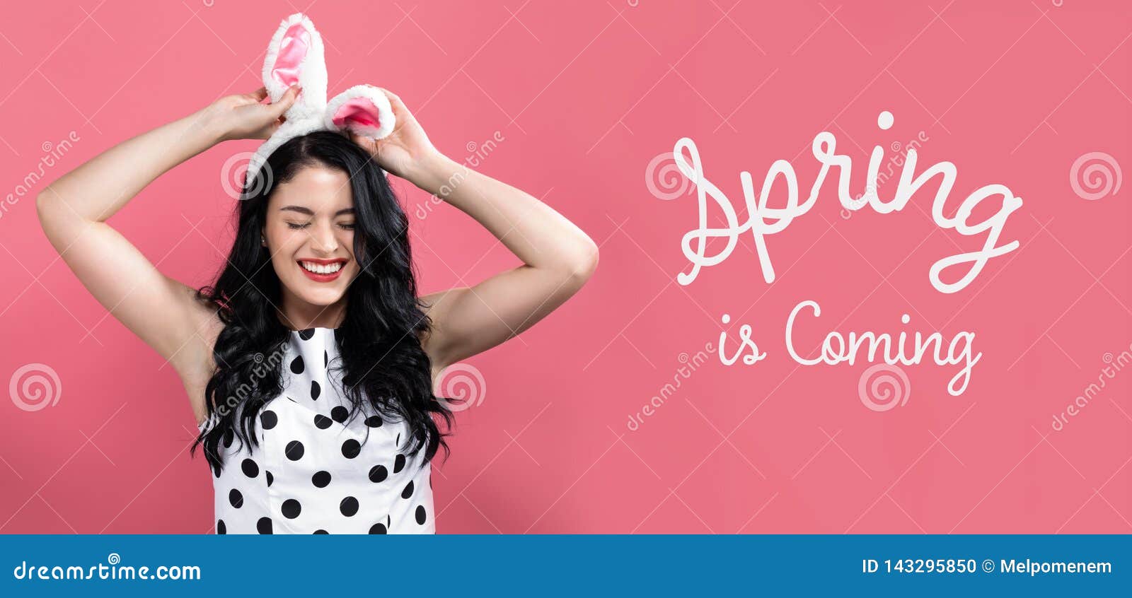Spring is Coming Message with Woman with Easter Theme Stock Photo ...