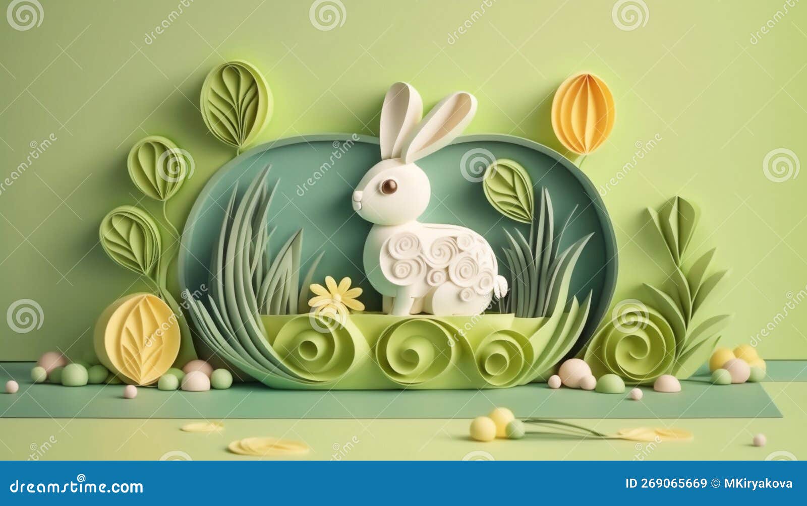 Spring Concept. Easter Bunny on Green Grass Illustration. Easter ...