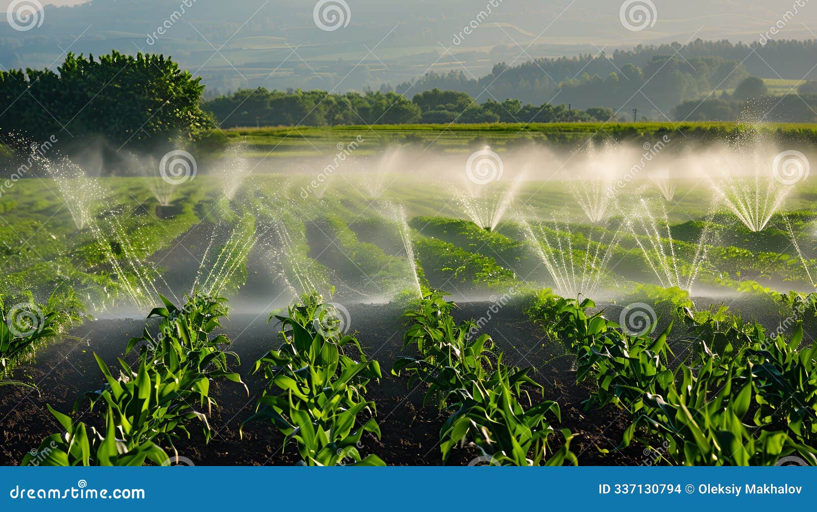 Spring Corn Field with Water Irrigation System and Sprinklers Watering ...