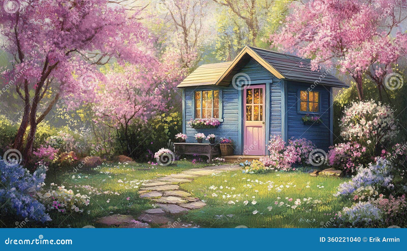 Spring Cottage Garden Path Floral Shed Stock Photo - Image of idyllic ...