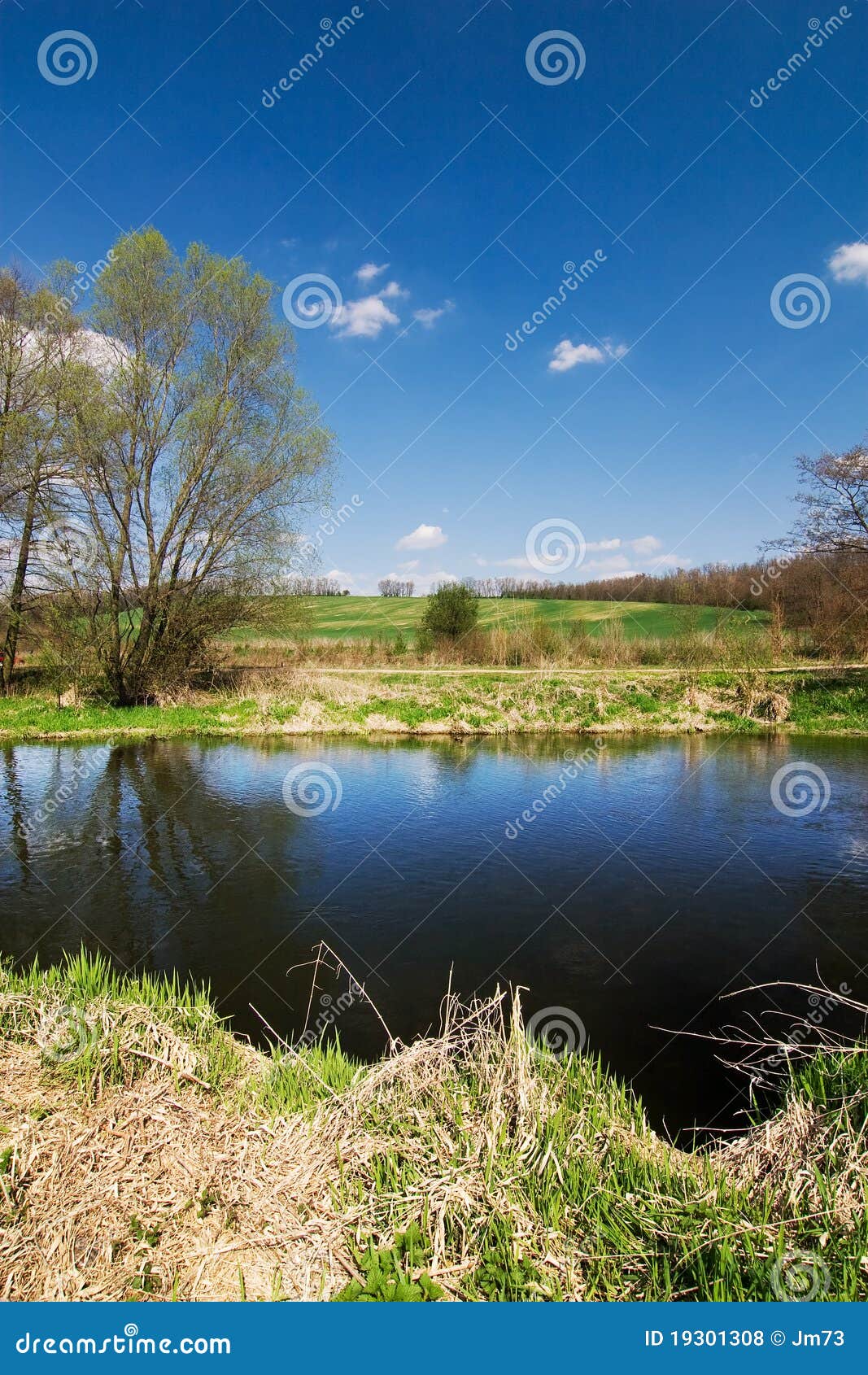 Spring Countryside with River Stock Photo - Image of idyll, colour ...