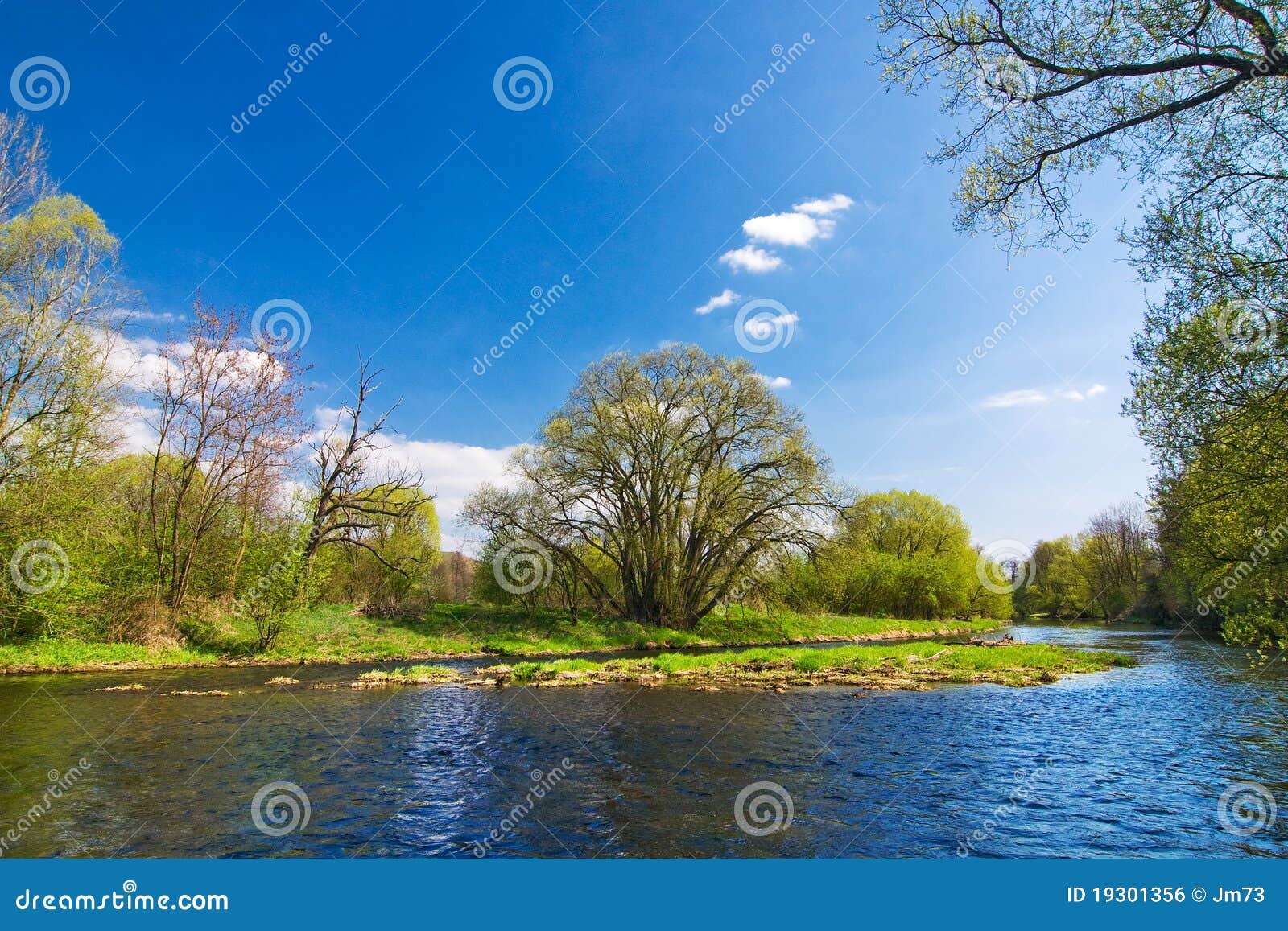 Spring Countryside with River Stock Photo - Image of colorful ...