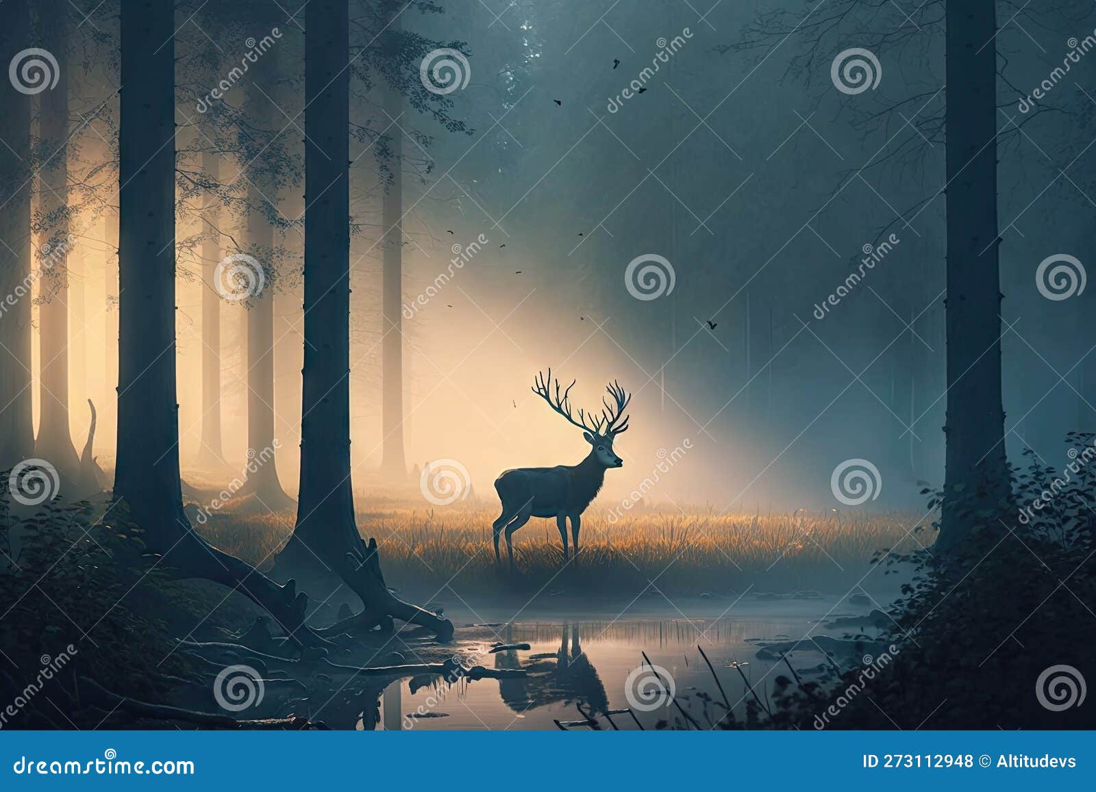 Spring Dawn with Deer in the Misty Forest Stock Photo - Image of misty ...