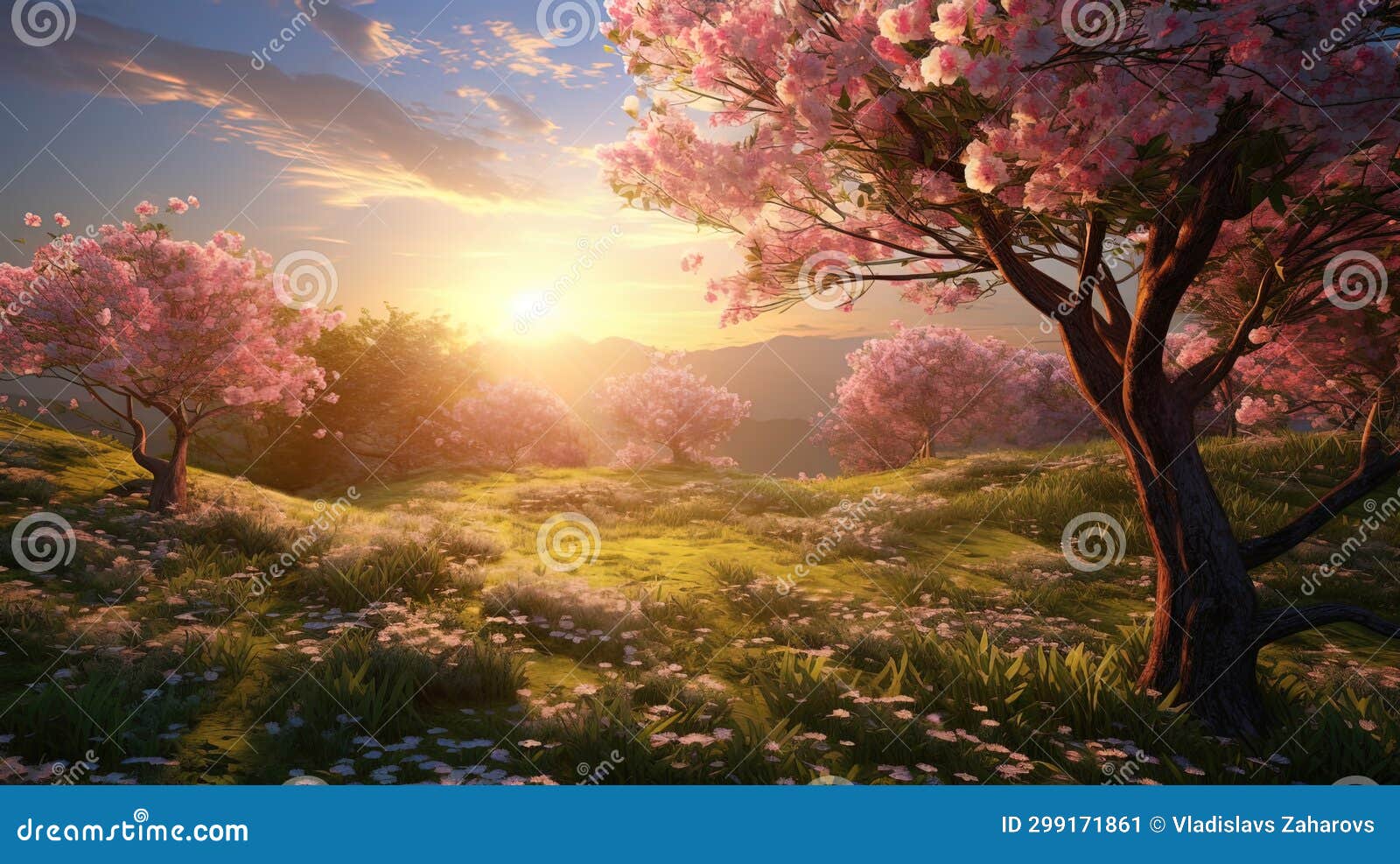 Spring Dawn Flowering Trees Under the Morning Sun Stock Illustration ...