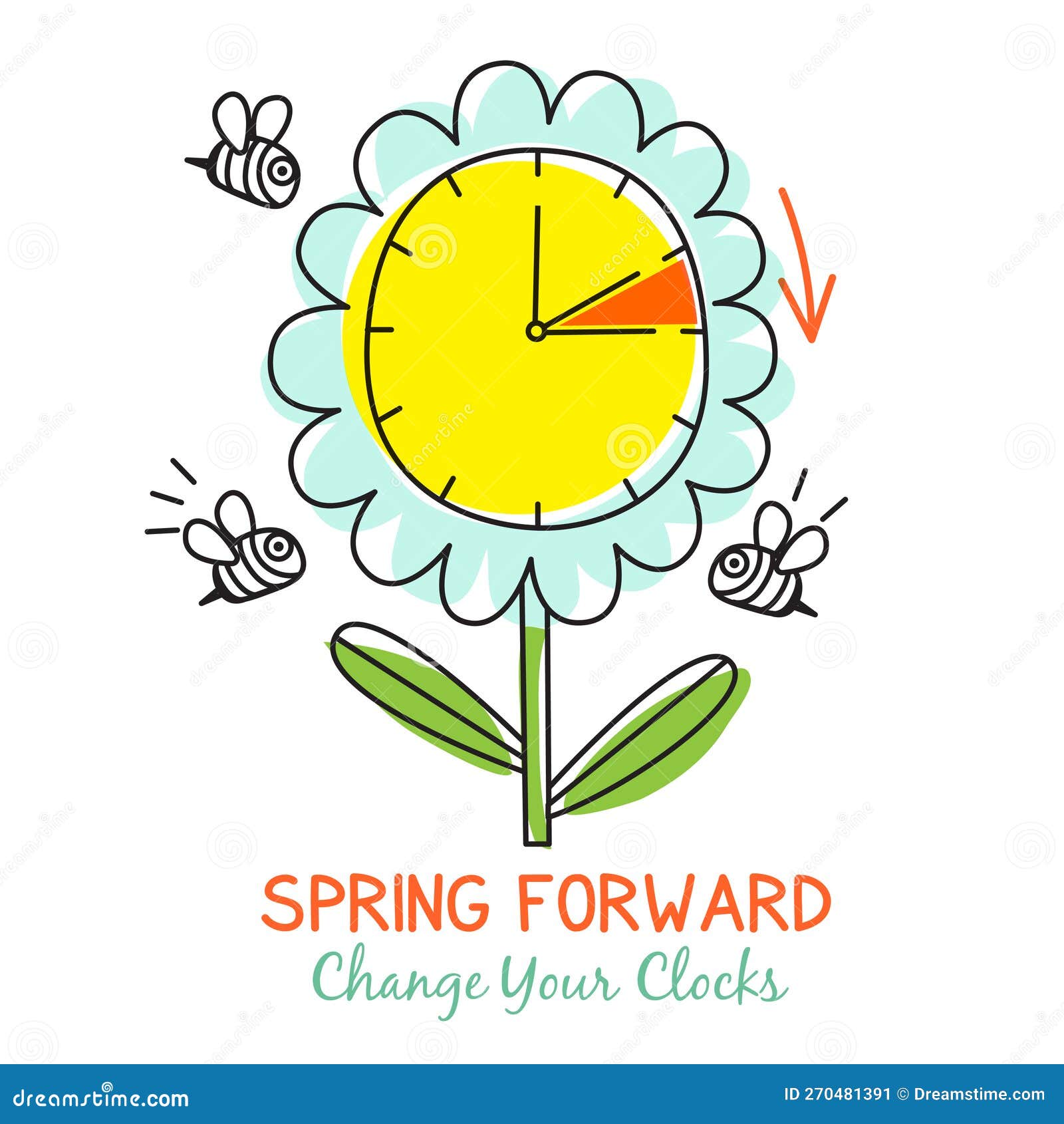 Spring Daylight Saving Time Banner in Cartoon Doodle Style with Funny ...
