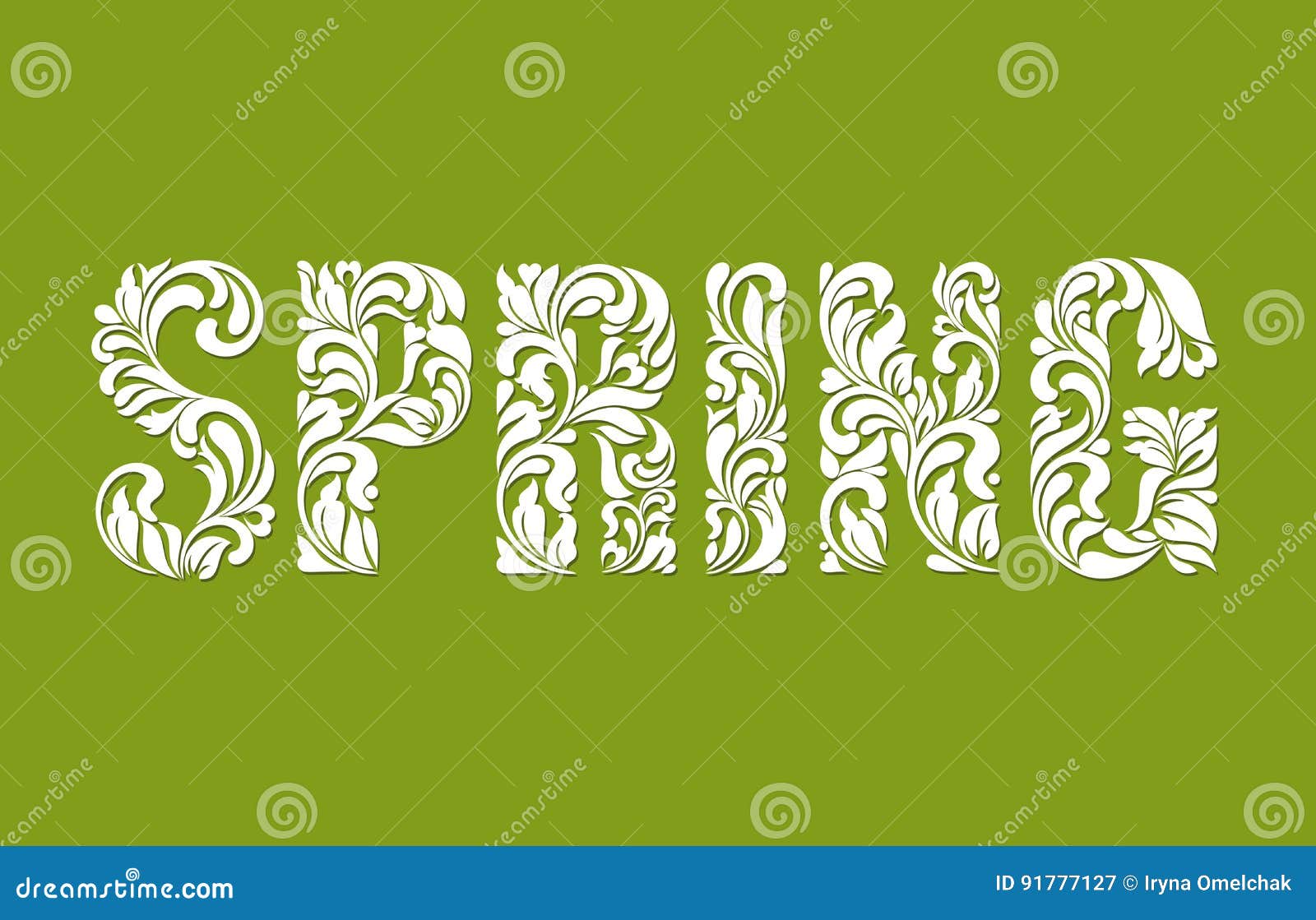 SPRING. Decorative Font Made of Swirls and Floral Elements on a Green ...