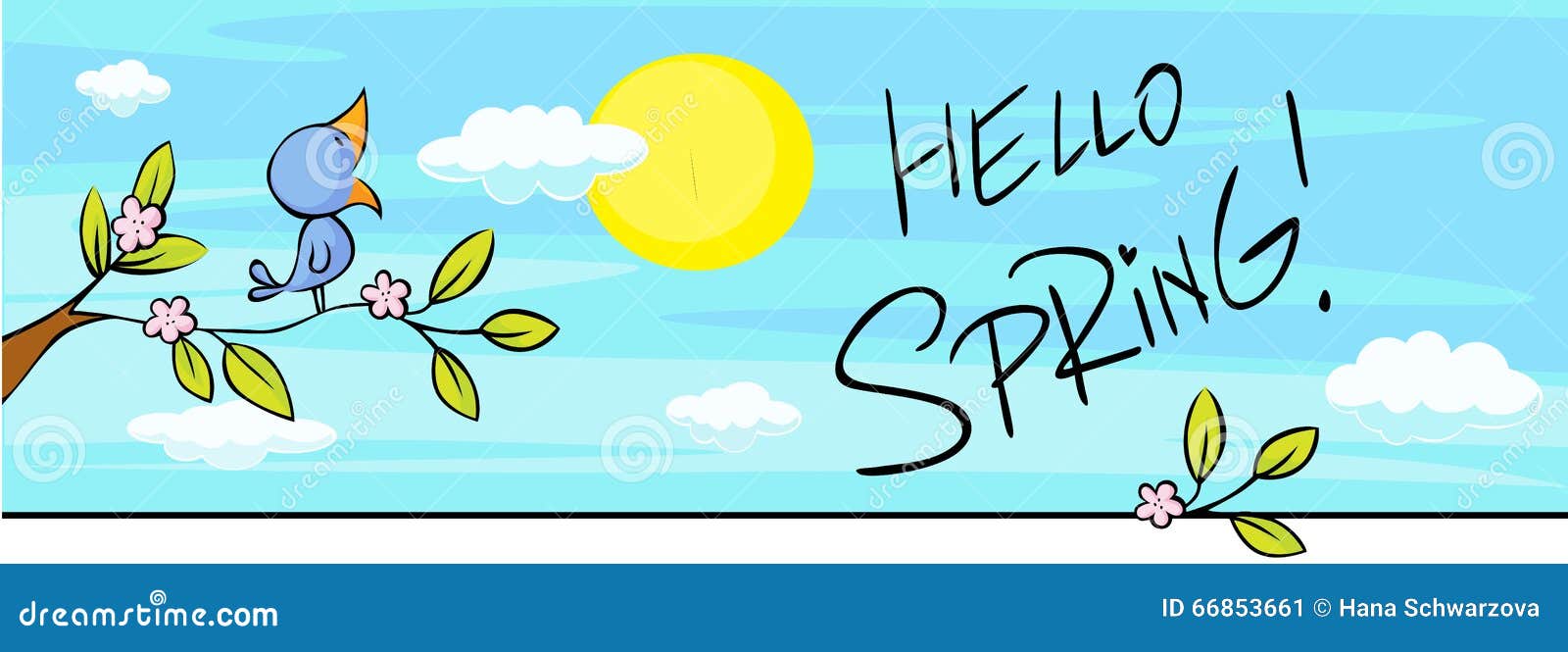 Spring Design Horizontal with Blossom and Bird Singing- Vector Stock ...