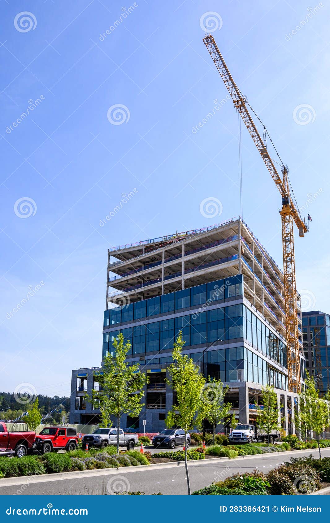 Spring District, New Construction and Working Crane on a Sunny Day ...