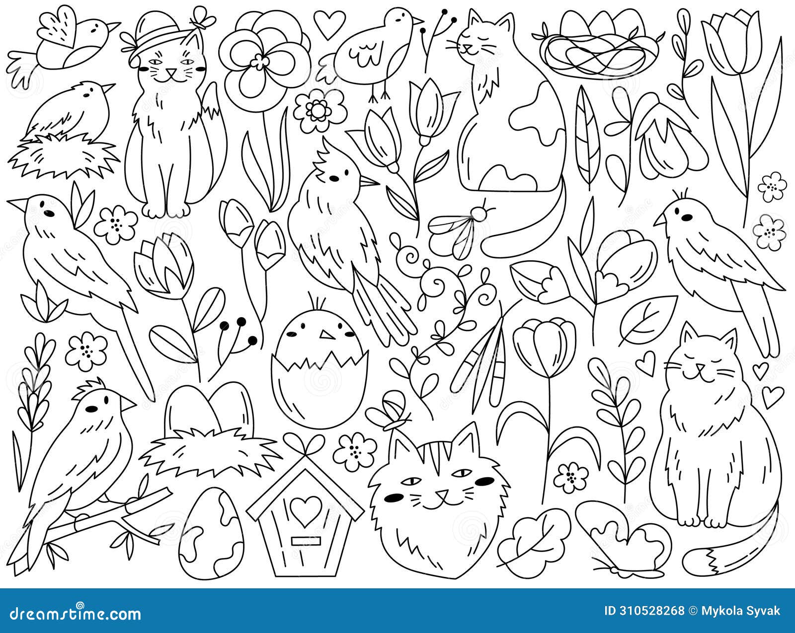 Spring Doodle Floral Pattern Set with Cute Cats, Birds and Eggs in Nest ...