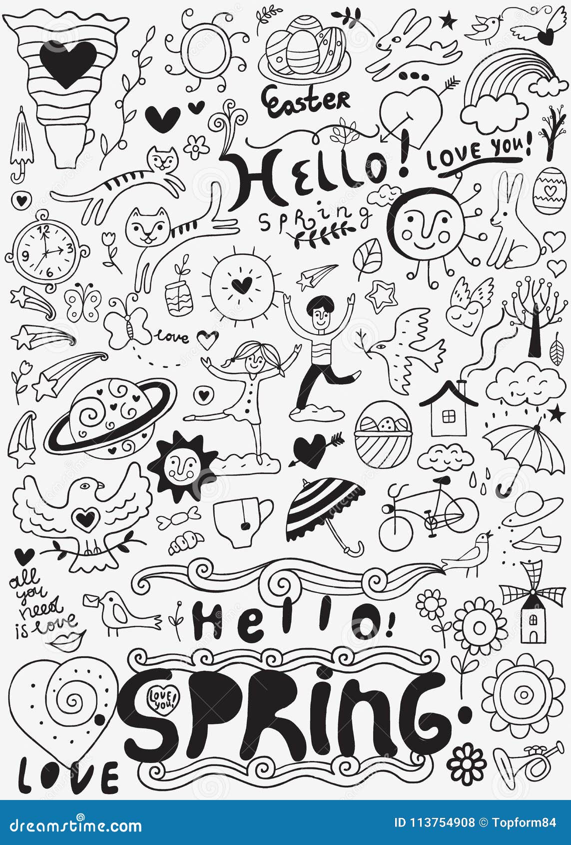 Spring doodle set stock vector. Illustration of girl - 113754908