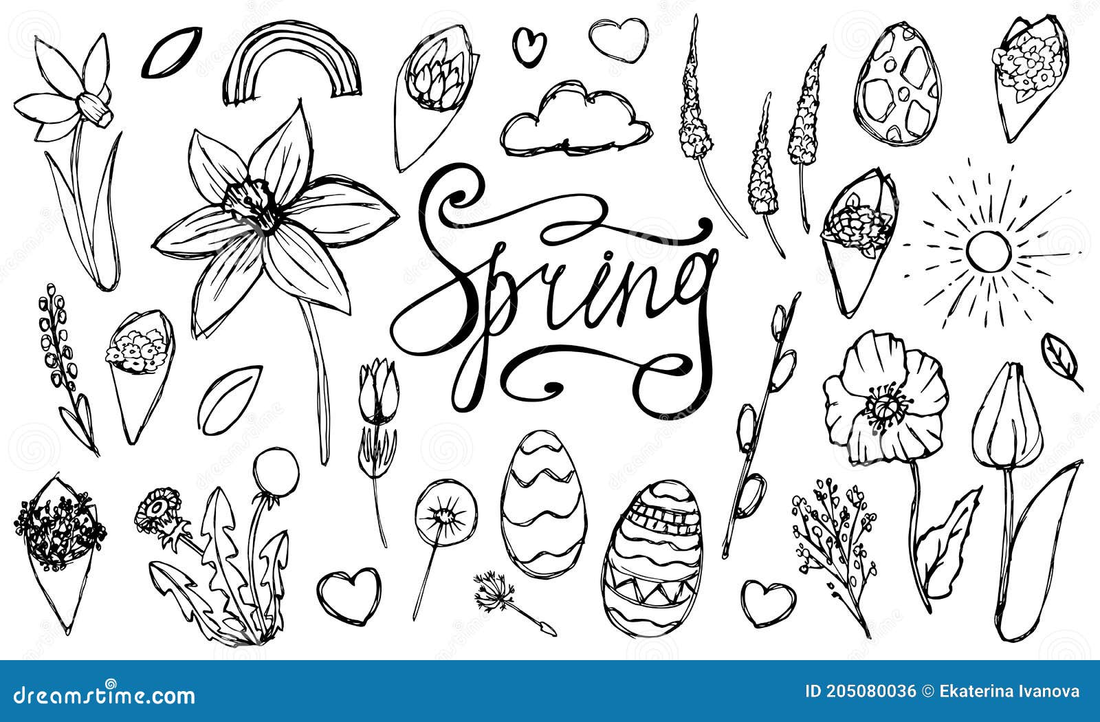 Spring Doodle Set of Vector Illustrations. Season Hand Drawn on White ...