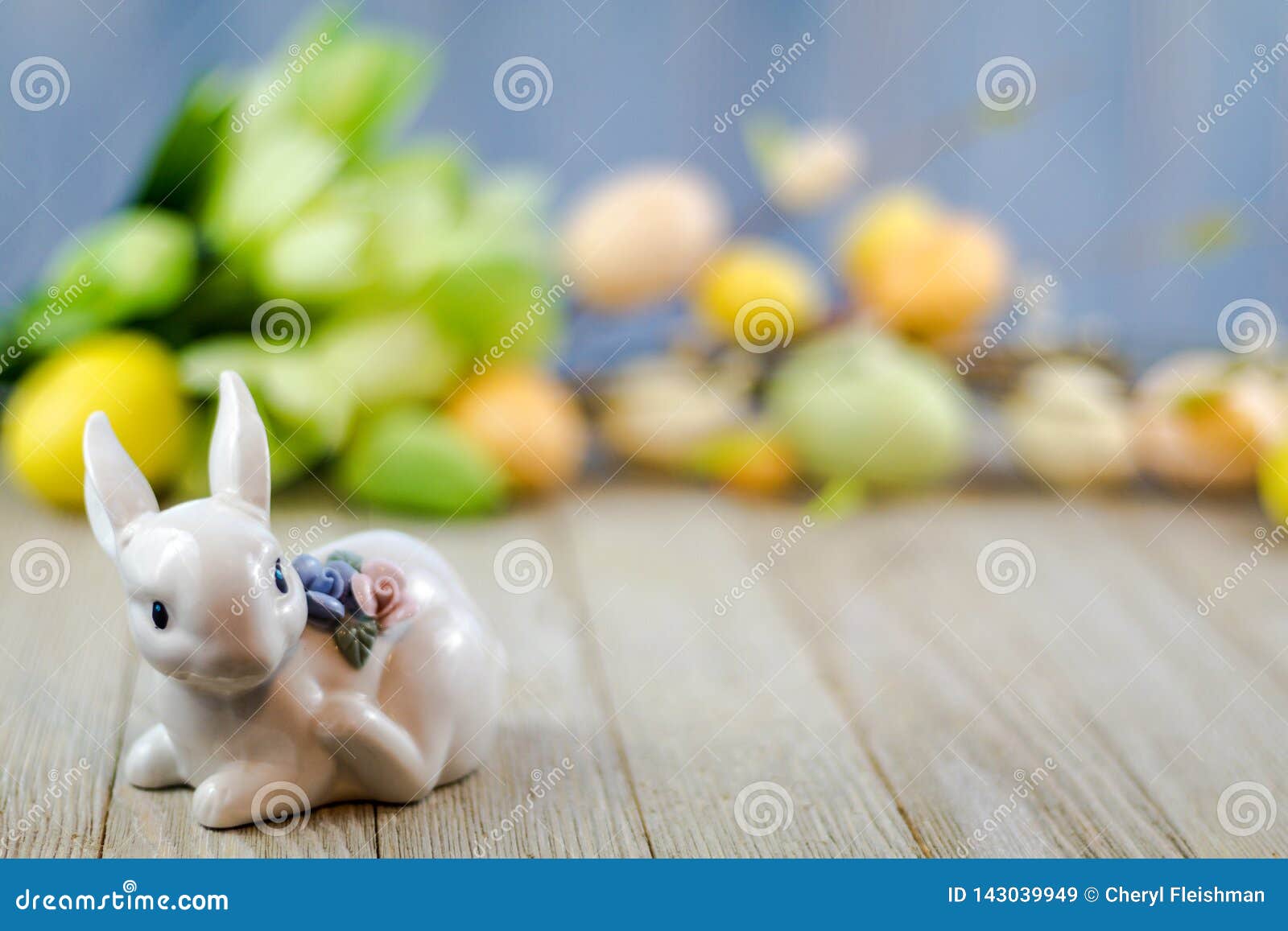 Spring Easter Background on Wooden Board with White Rabbit and Colorful ...