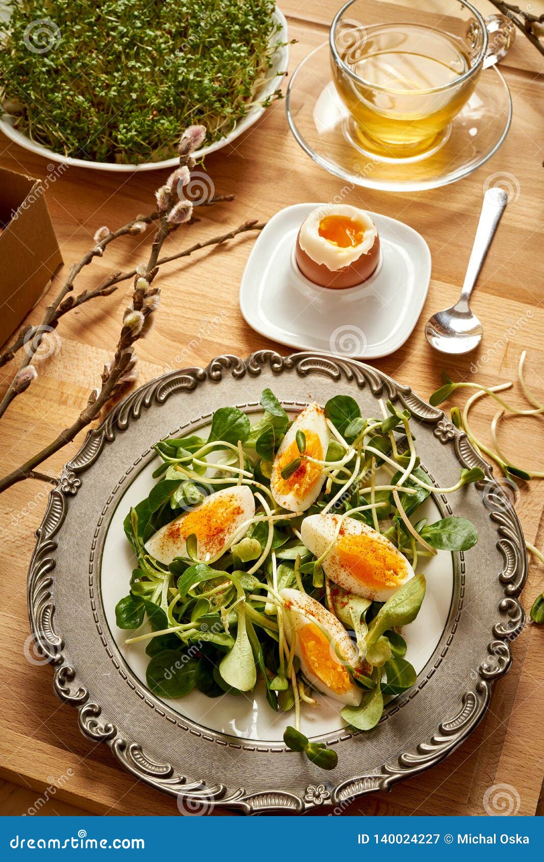 Spring and Easter Breakfast with Eggs and Cress Sprouts with Tea and ...