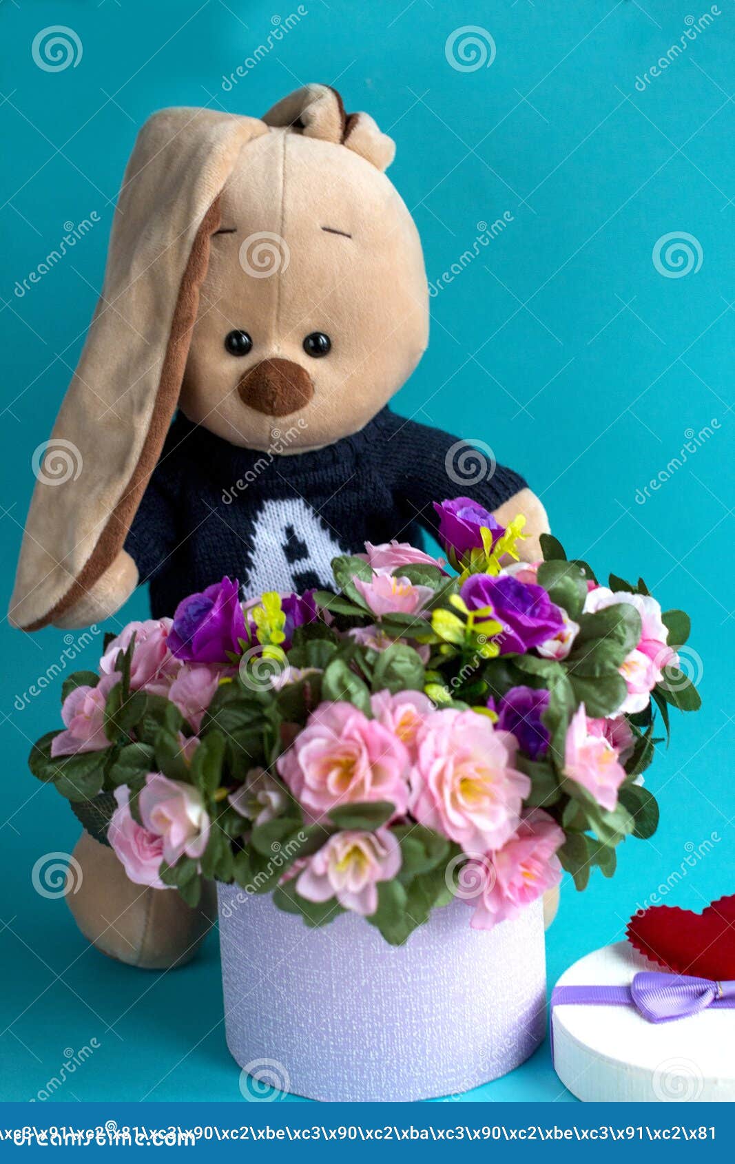 Spring Easter Bunny with a Bouquet of Flowers. Stock Image - Image of ...