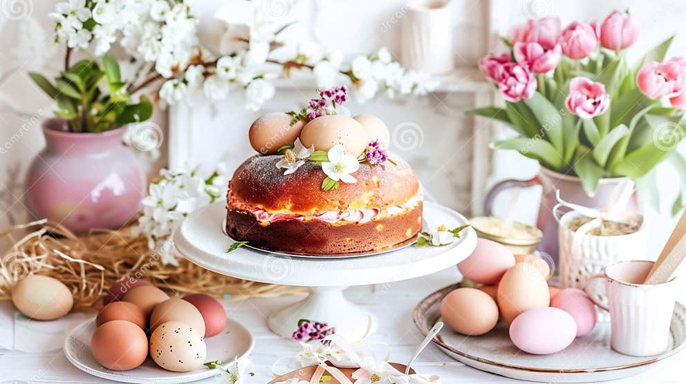 Spring Easter Cake Topped with Pastel Eggs and Surrounded by Tulips ...