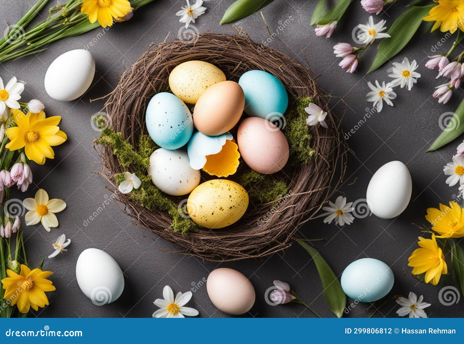 Spring Easter Holiday Top View Flat Lay Background with Eggs in Nests ...