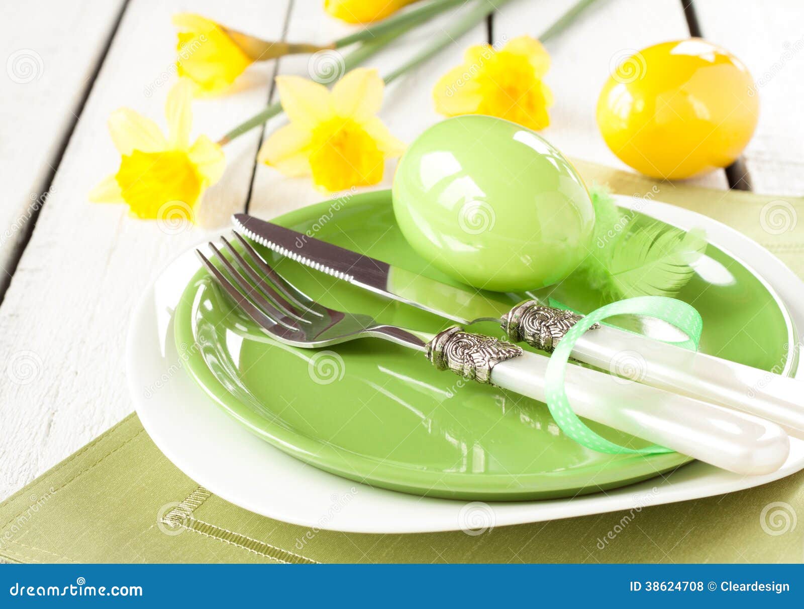 Spring or Easter Table Setting with Daffodils Stock Photo - Image of ...