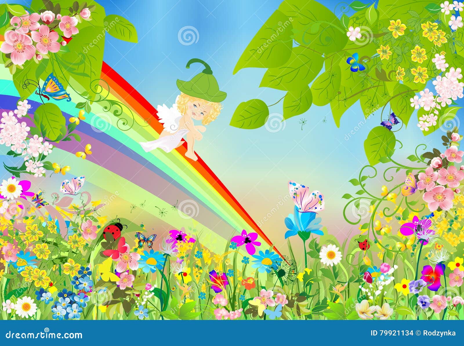 Spring elf on a rainbow stock illustration. Illustration of bloom ...