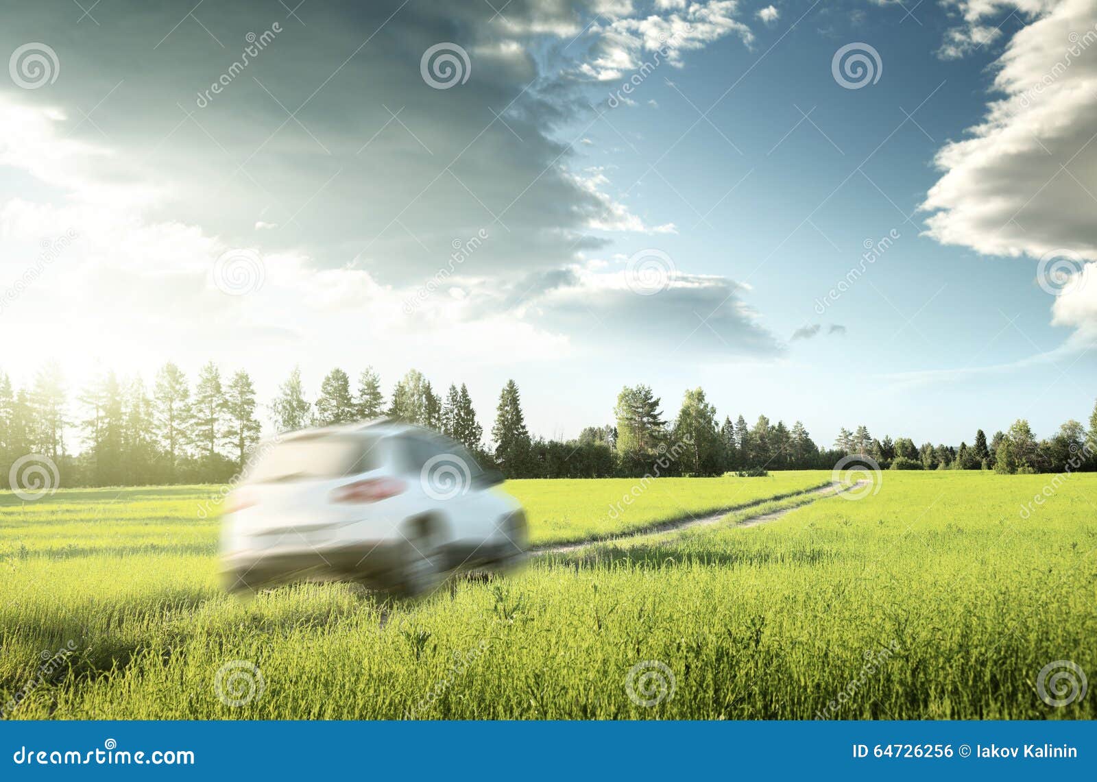 Spring Field and Blured Car on Ground Road Stock Photo - Image of ...
