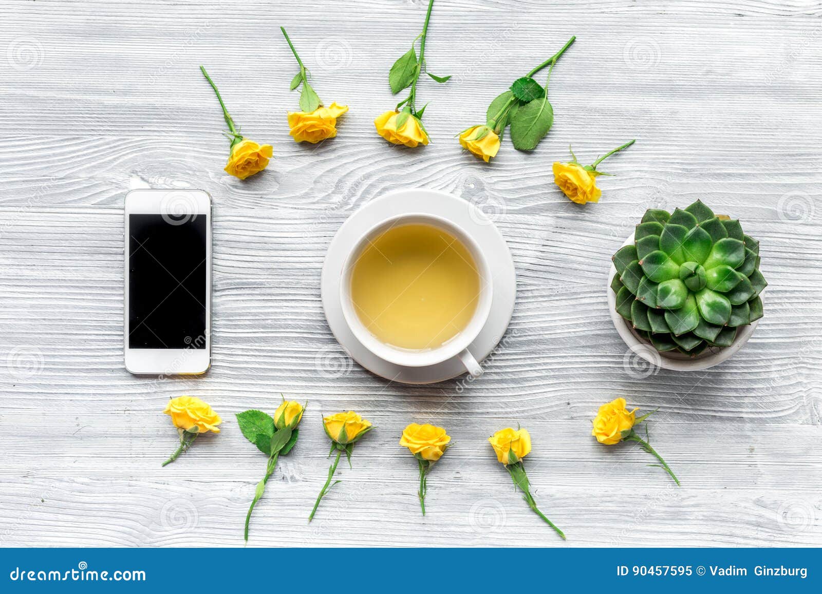 Spring Flatlay on Light Wooden Work Desk Background Top View Stock ...