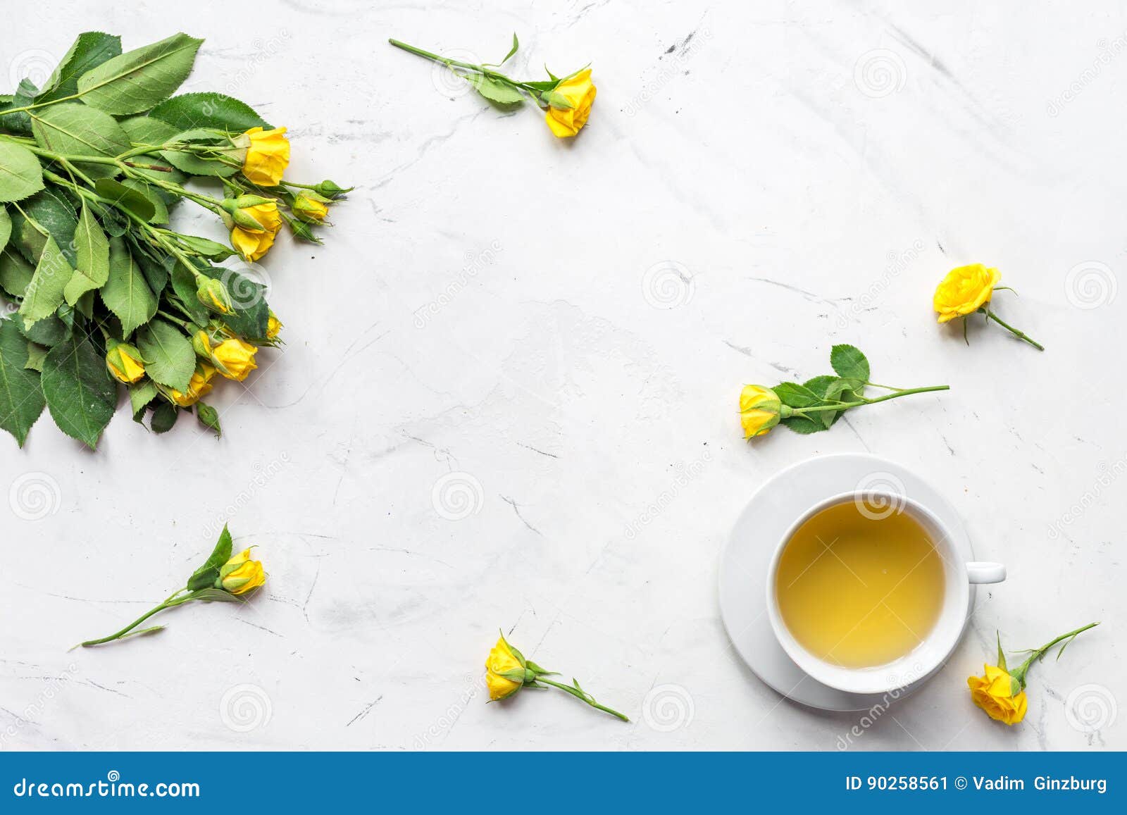 Spring Flatlay on White Marble Work Desk Background Top View Mock Up ...