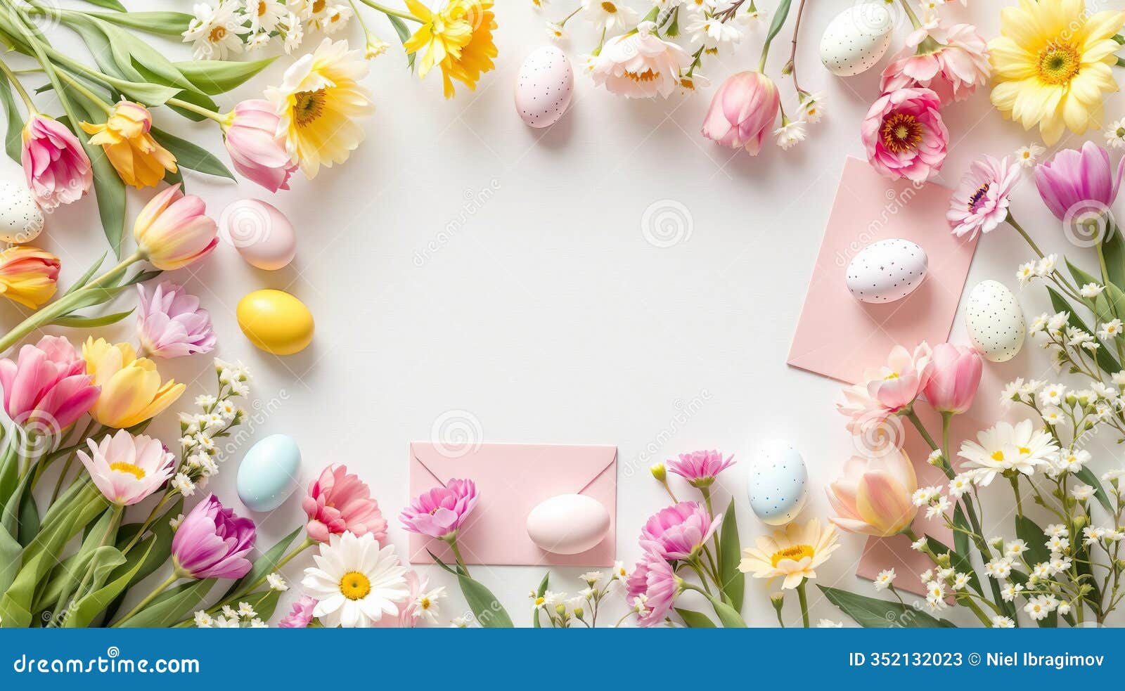 Spring Floral Border with Colorful Easter Eggs and Envelopes on a Light ...