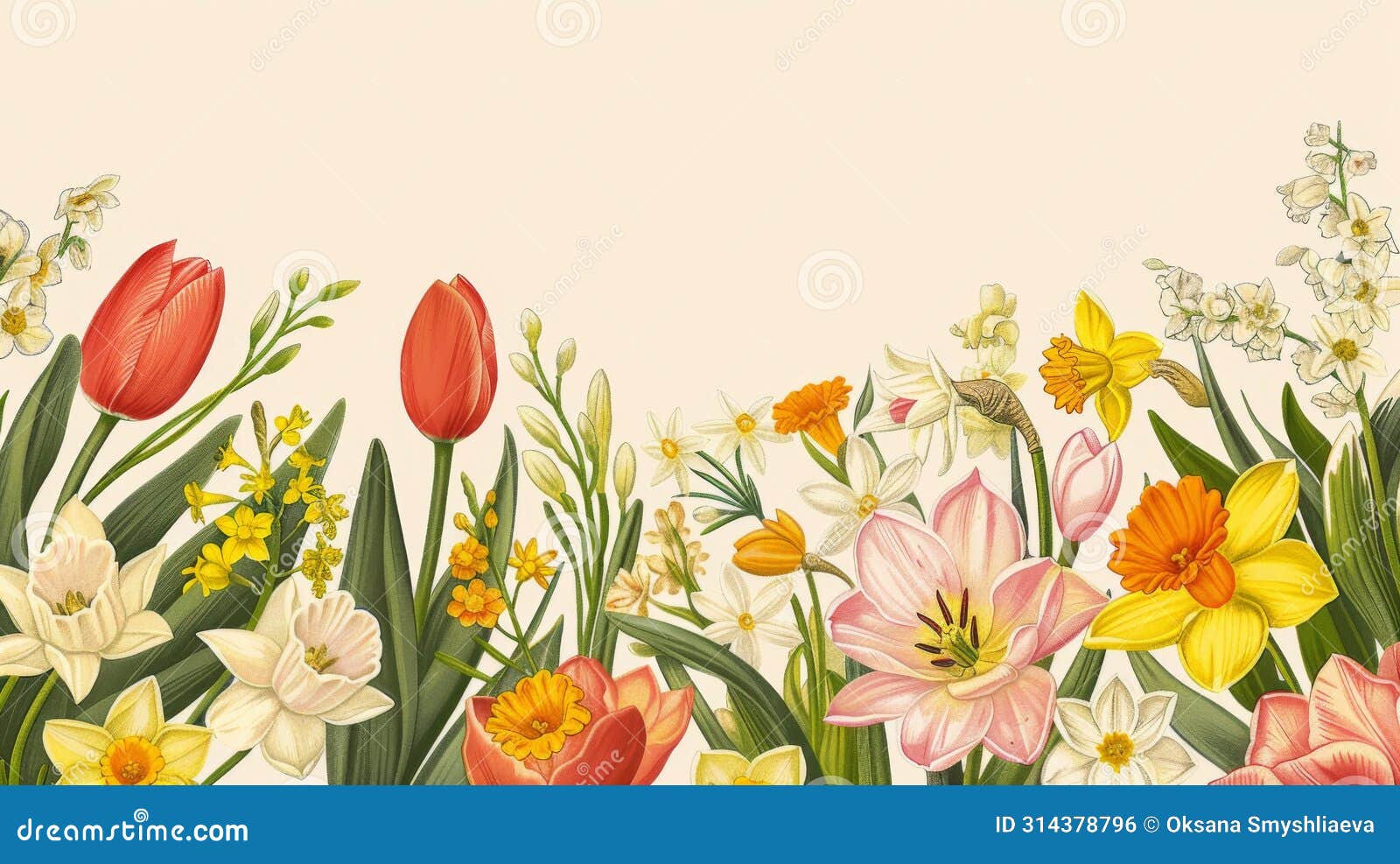 Spring Floral Border with Elegant Tulips and Daffodils on Pastel ...