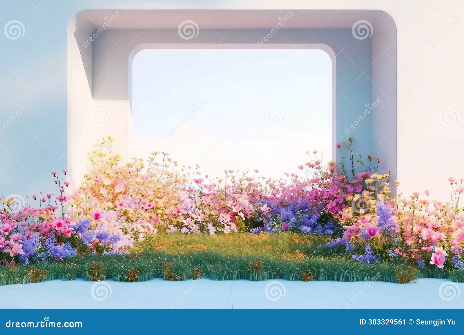 Spring Floral Installation Scene with Geometric Arch Form. 3d Rendering ...