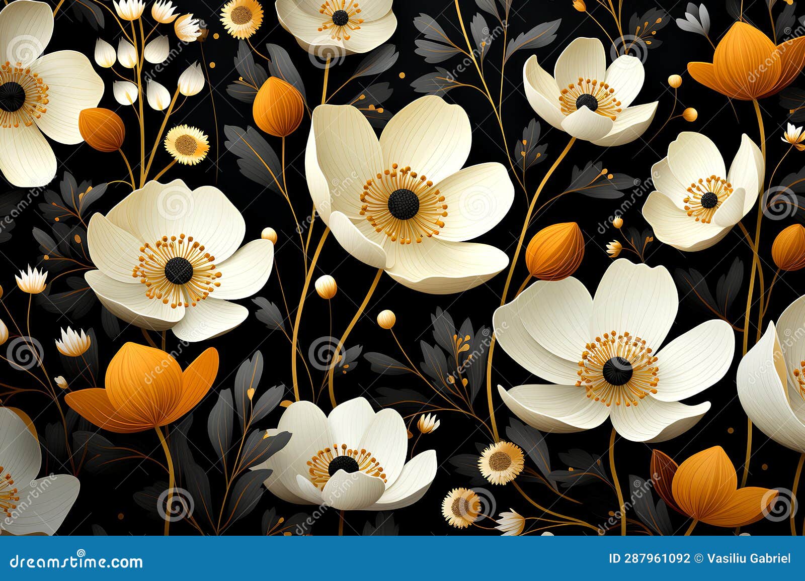Spring Floral Pattern Illustration. Spring Flowers on Black Background ...