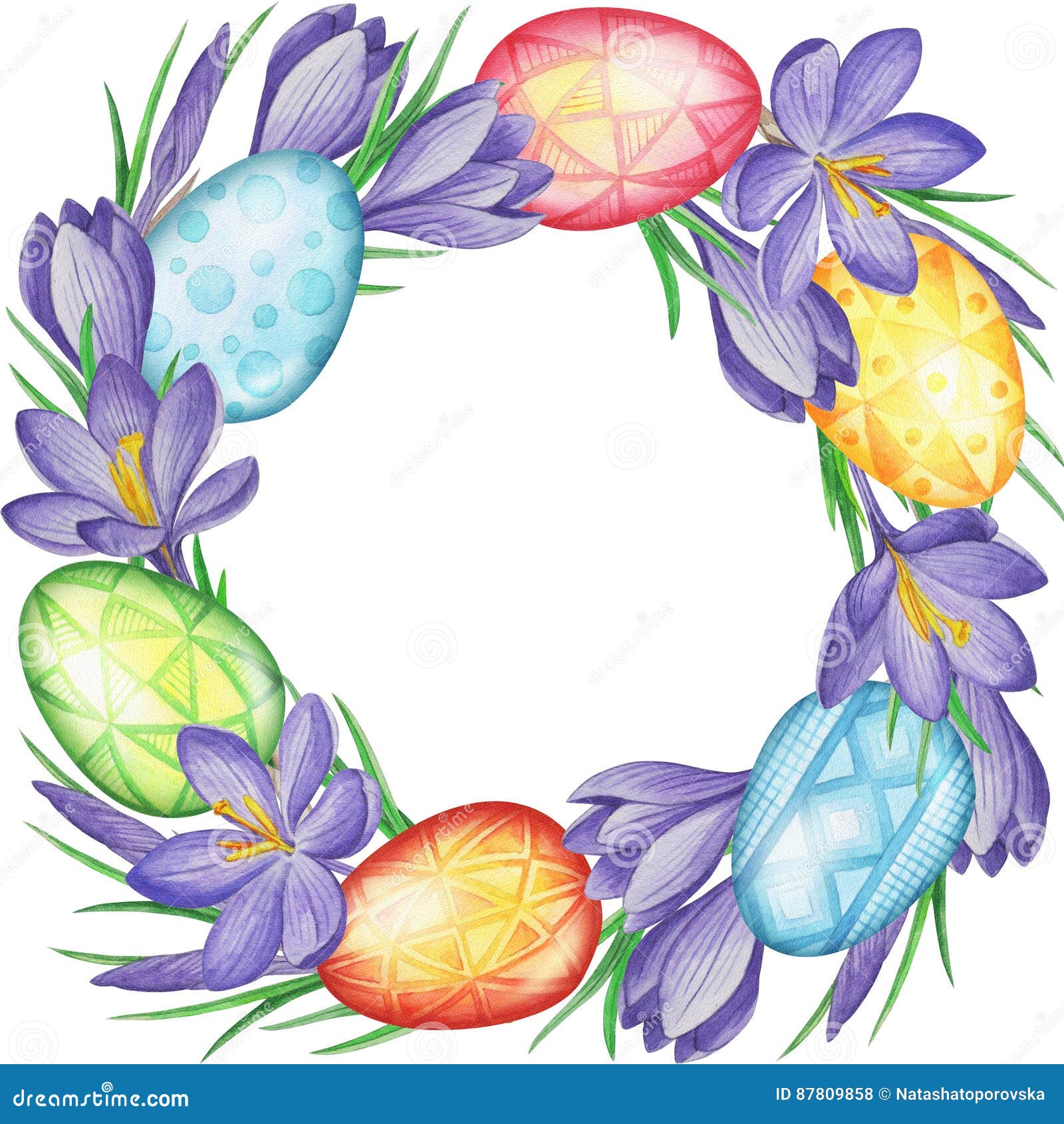 Spring Flower Banner of Crocuses and Easter Eggs. Watercolor Background ...