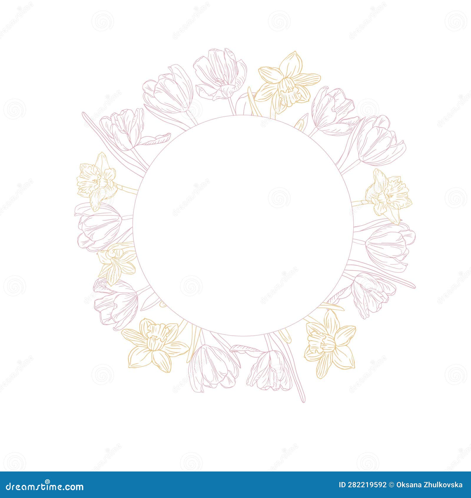 Spring Flower Circle Frame. Line Art Tulips and Narcissus Flower Wreath ... Spring Flower Circle Frame. Line Art Tulips and Narcissus Flower Wreath ...