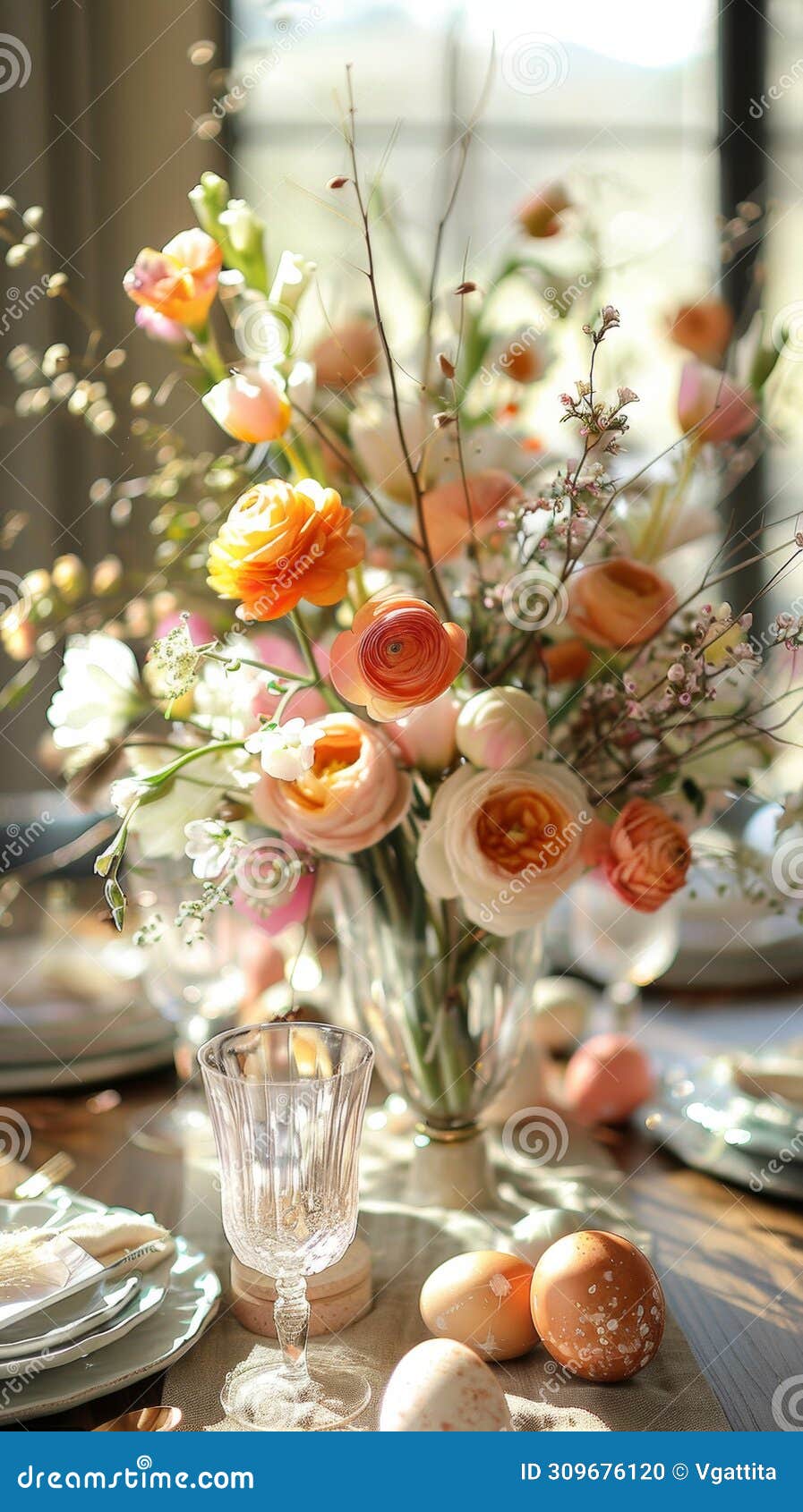 Spring Flower with Easter Eggs Table Scene Stock Illustration ...