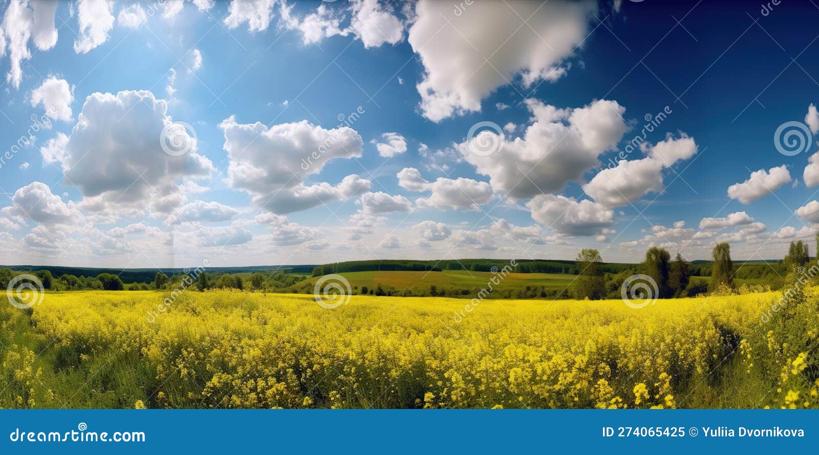 Spring Flower Field and Blue Sky with White Clouds. Generative AI Stock ...