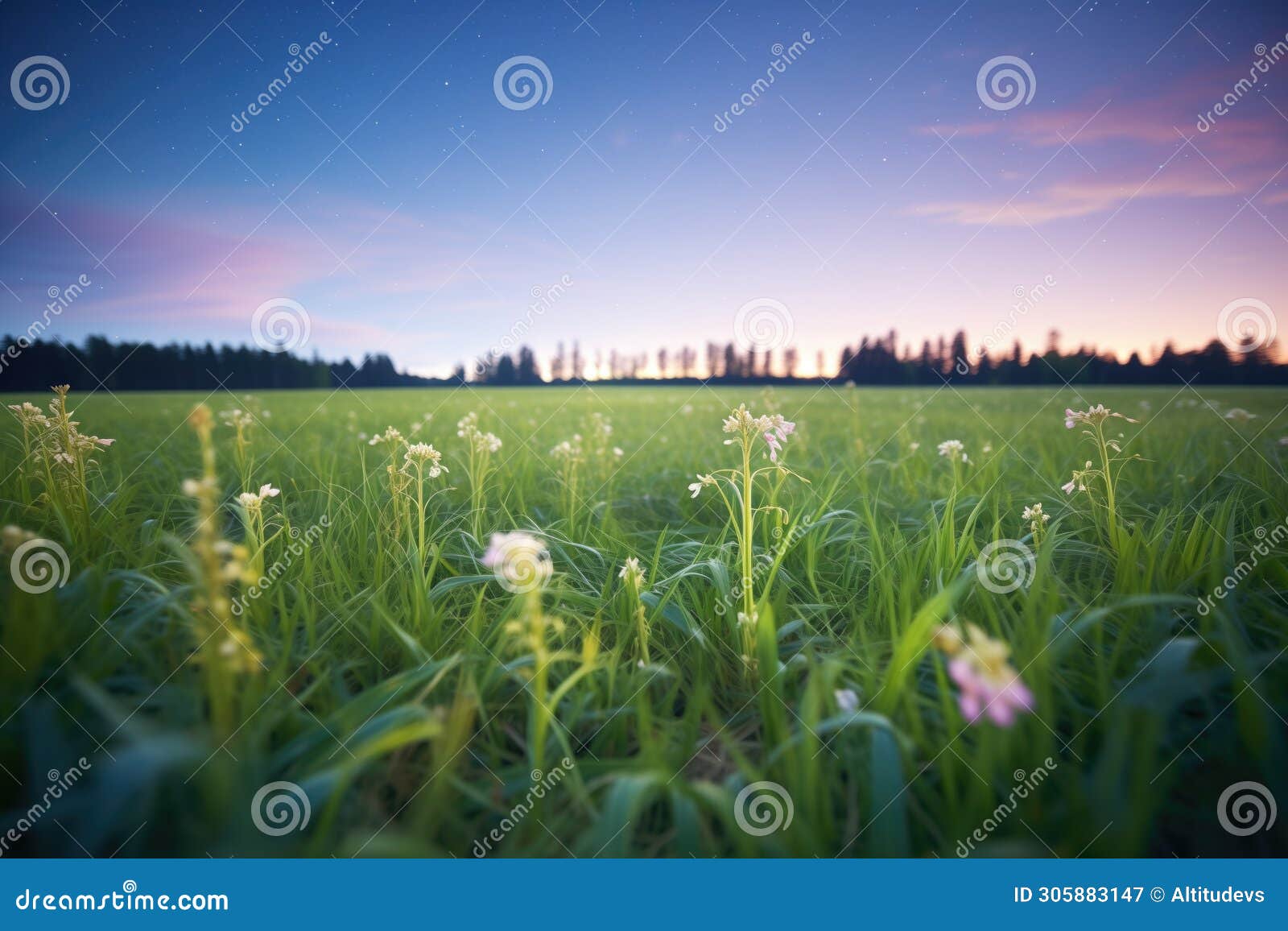 Spring Flower Field Under a Faint Aurora Stock Image - Image of view ...