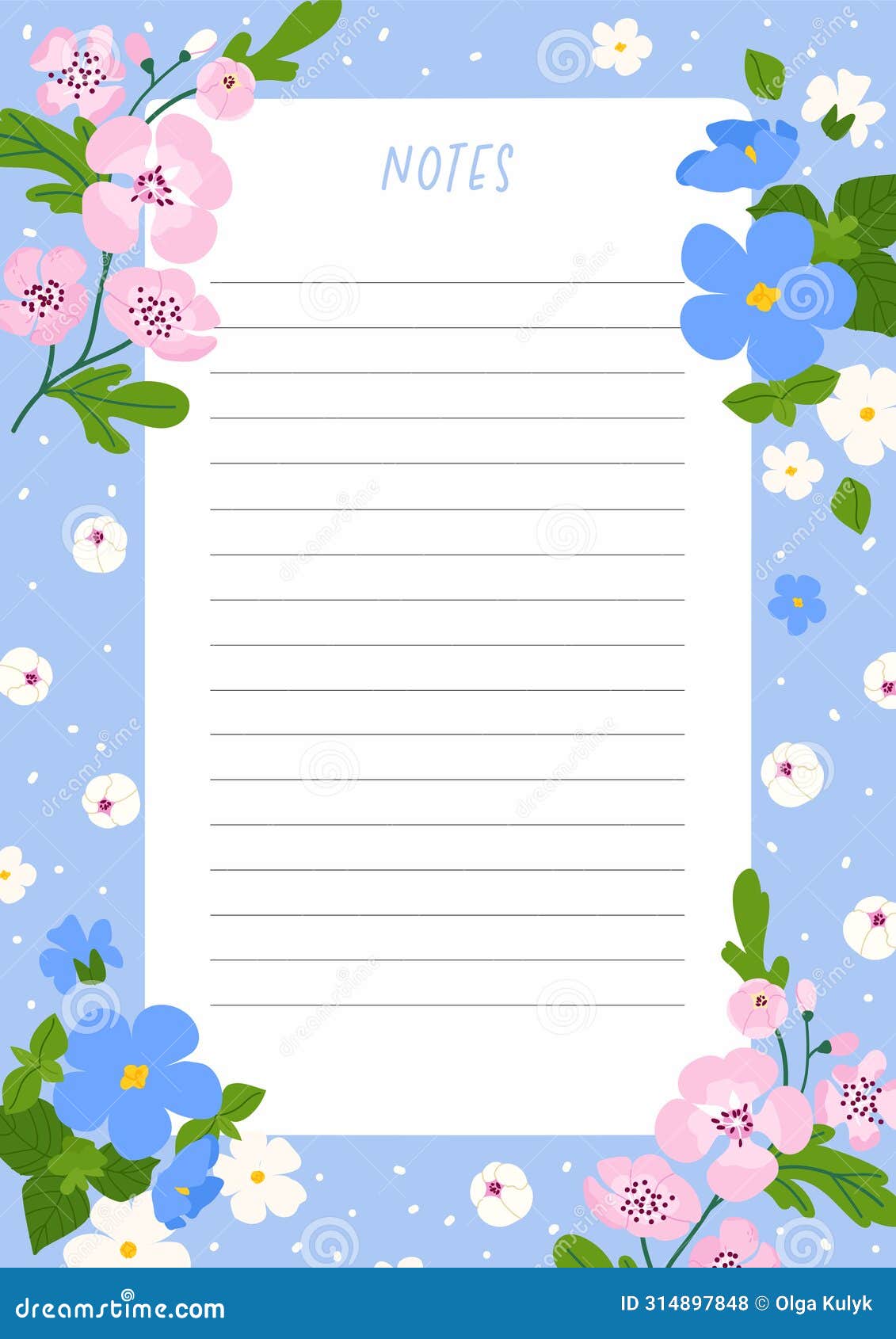 Spring Flower Lined Note Page Design on Blue Background. Elegant Vector ...
