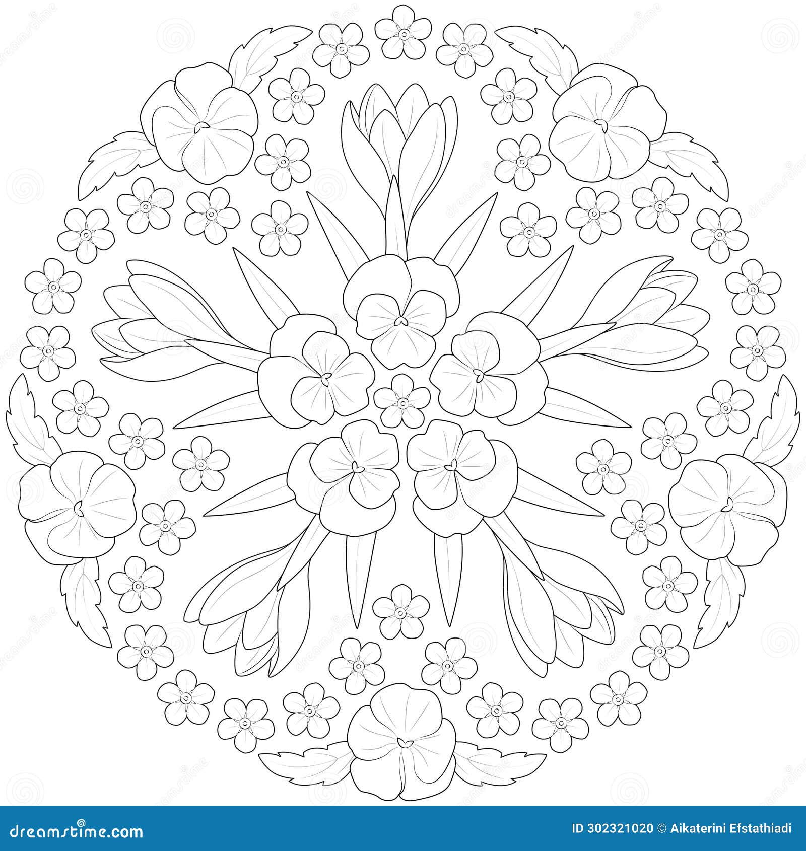 Spring Flower Mandala in Black and White. Round Pattern for Coloring ...