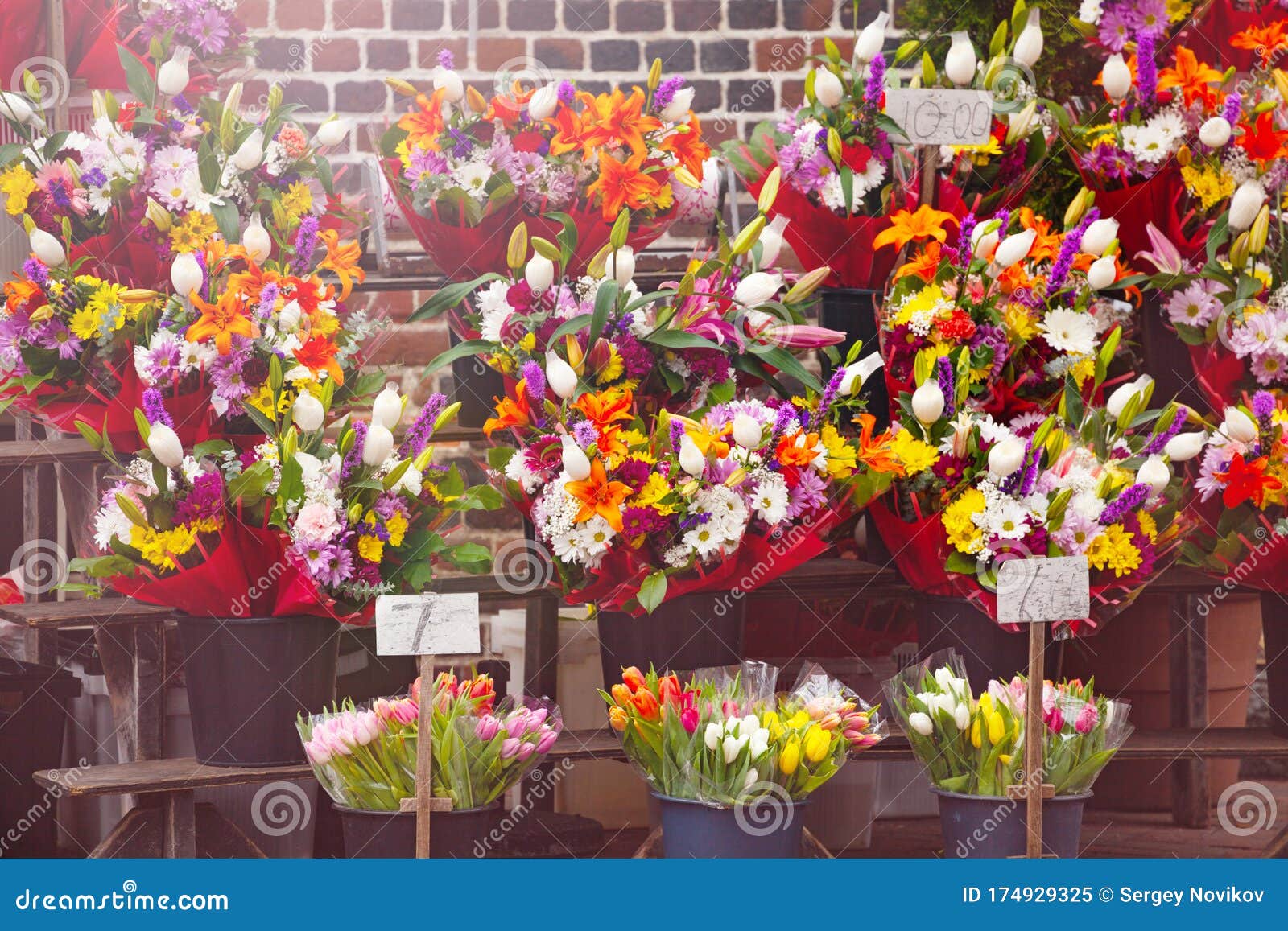 Spring Flower Market with Many Bouquets on Display Stock Image - Image ...