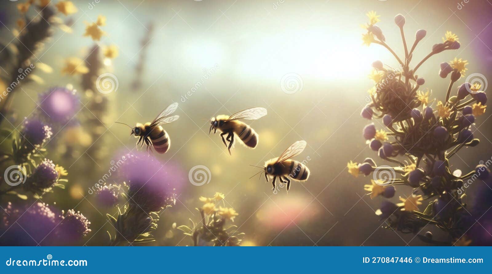 Spring Flower Meadow Field with Busy Working Bees. Generative Ai Stock ...