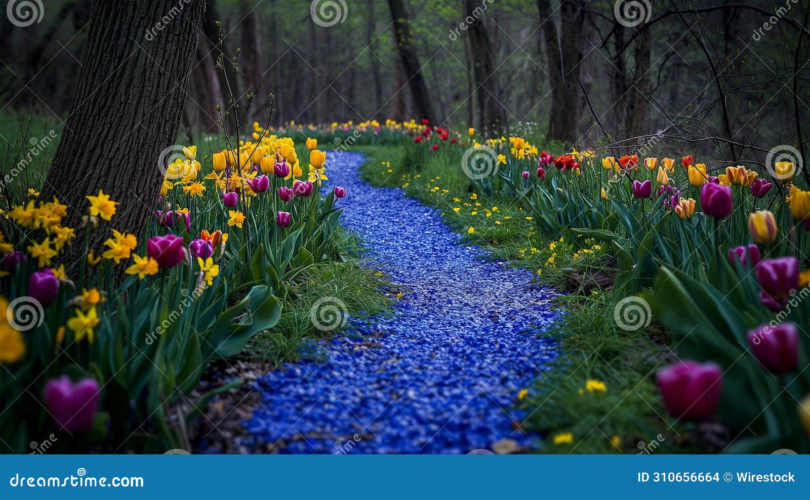 Spring Flower Path in a Forest with Blue, Purple Hyacinths, Tulips, and ...