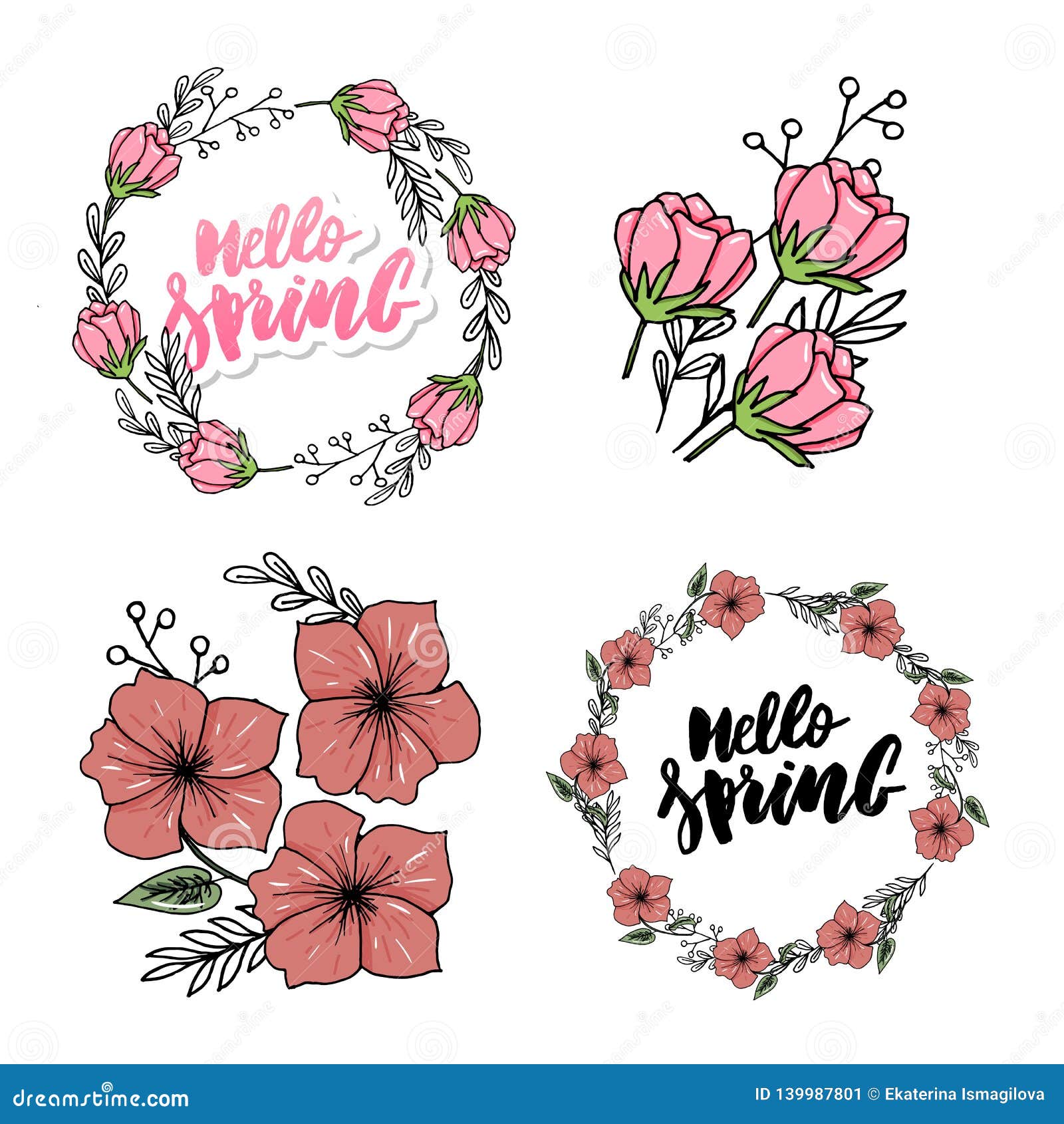Spring Flower Wreath Vector Set Design Beautiful Stock Illustration ...