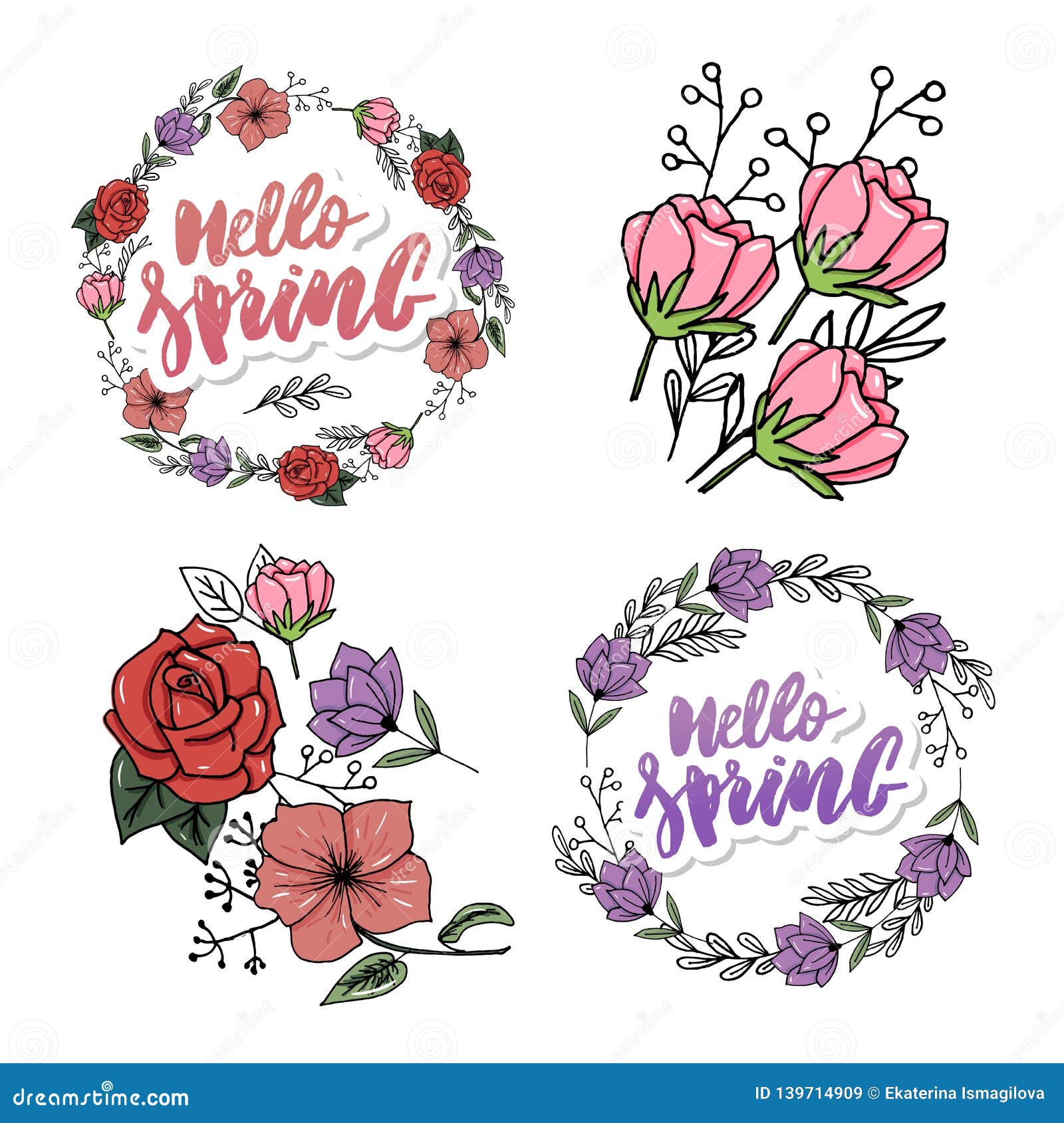 Spring Flower Wreath Vector Set Design Beautiful Stock Illustration ...