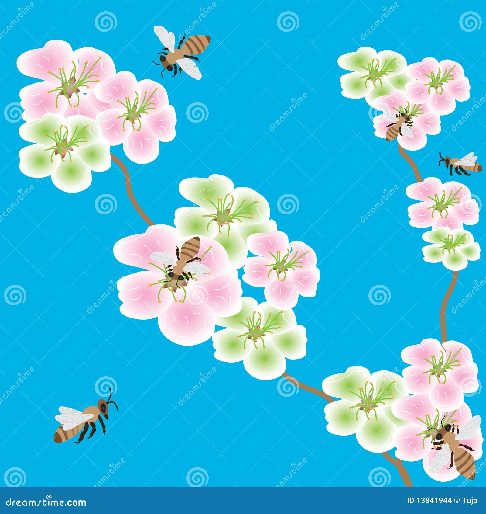 Spring flowers with bees stock vector. Illustration of tree - 13841944