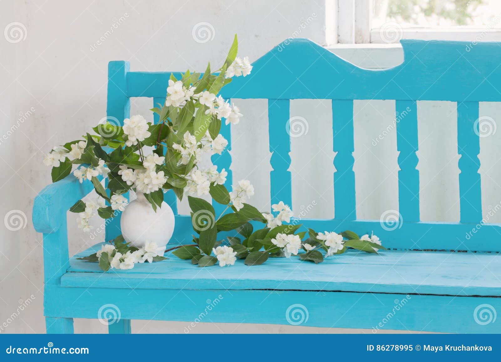 Spring Flowers on Blue Bench Stock Image - Image of interior, florist ...