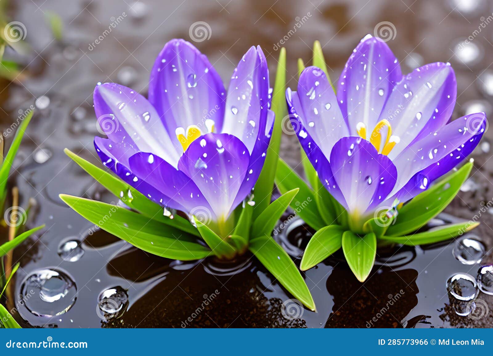Spring Flowers of Blue Crocuses in Drops of Water on the Background of ...