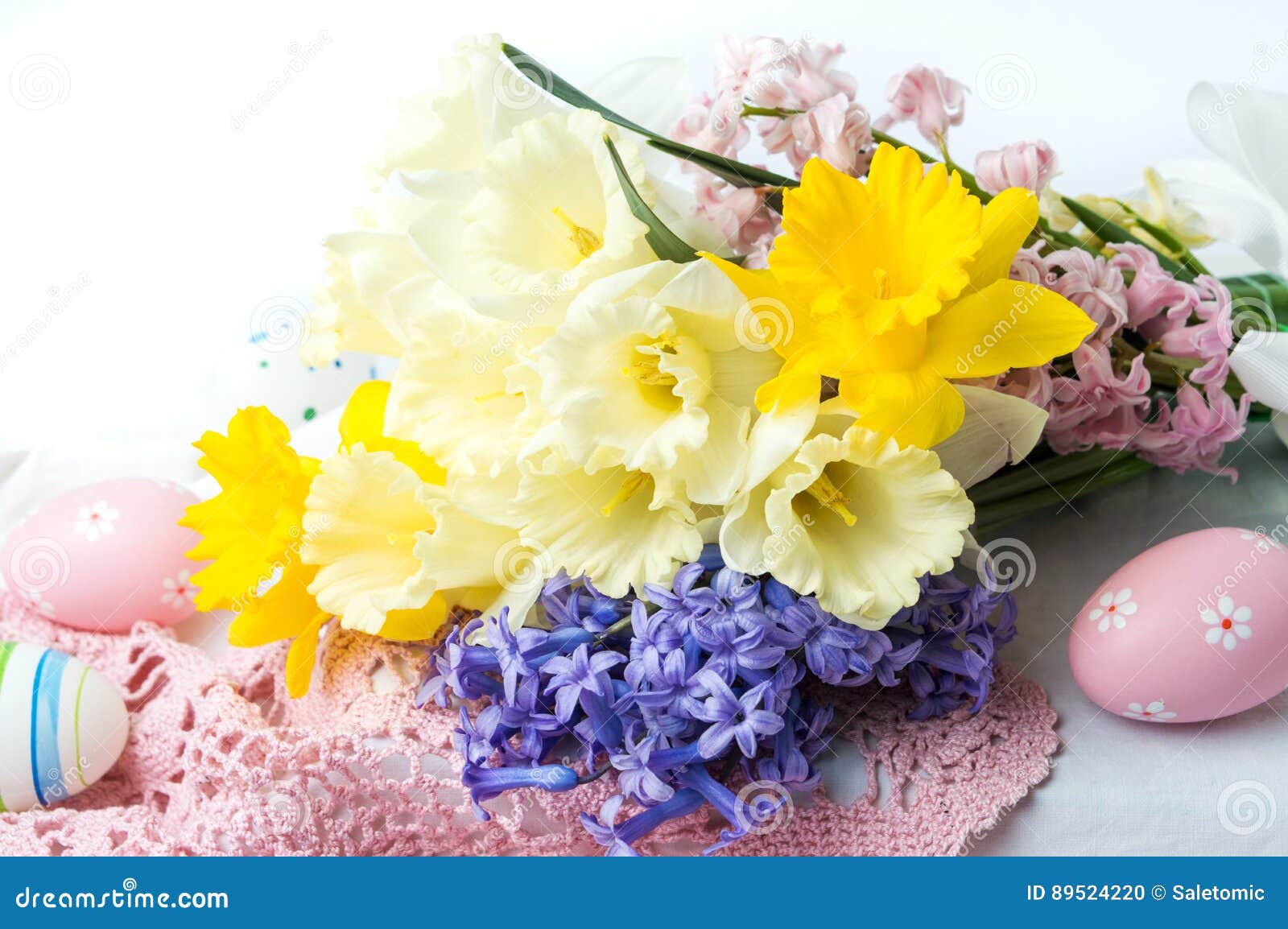 Spring Flowers Bouquet and Easter Eggs Stock Photo - Image of fabric ...
