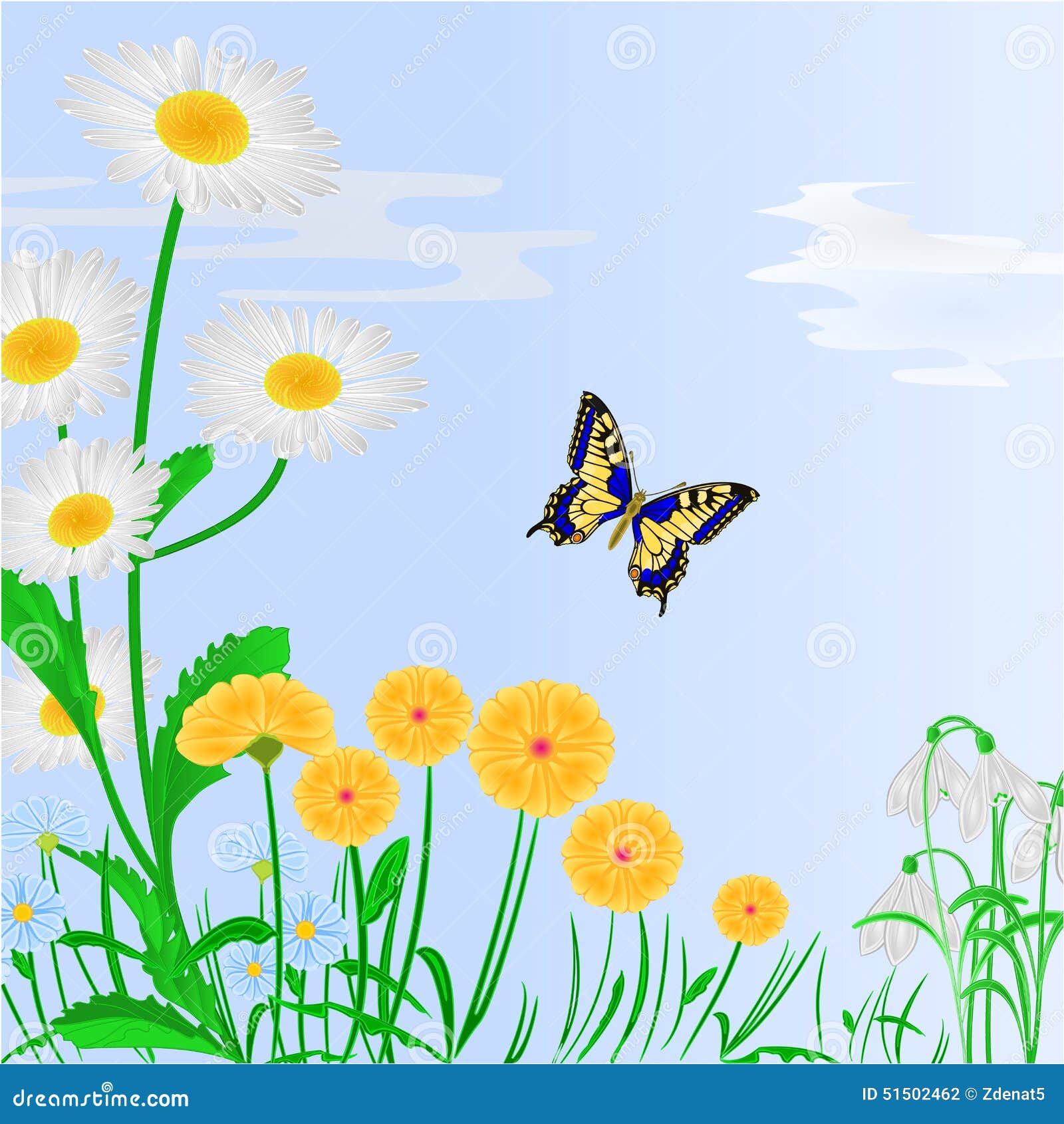 Spring Flowers and Butterfly Blue Background Vector Stock Vector ...