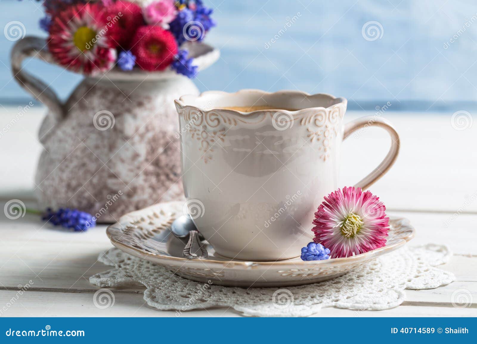 Spring flowers and coffee stock image. Image of coffee - 40714589