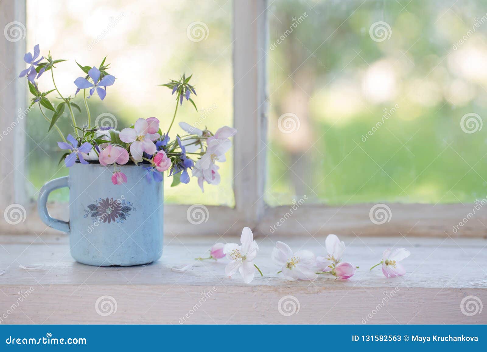 Spring Flowers in Cup on Windowsill Stock Image - Image of apple ...
