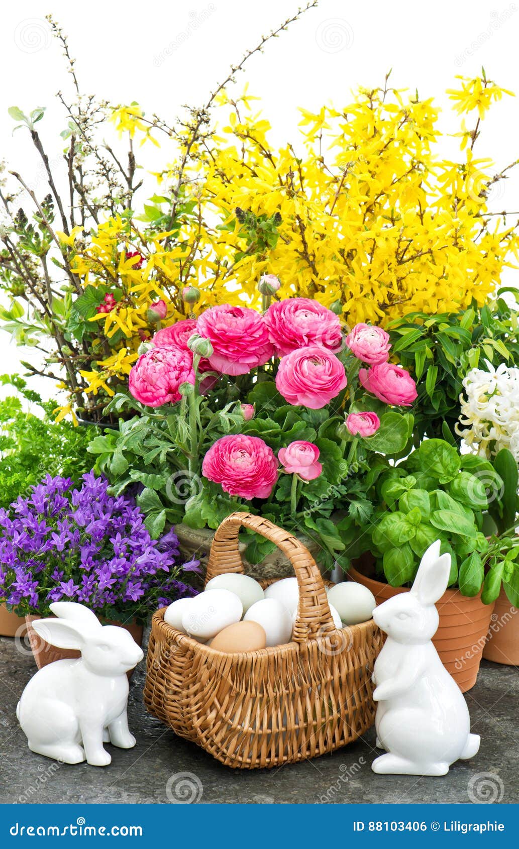 Spring Flowers Easter Decoration Bunnies Eggs Stock Photo - Image of ...