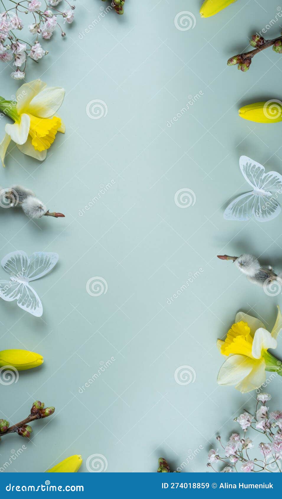 Spring Flowers Flat Lay Frame Composition on Colored Background with ...